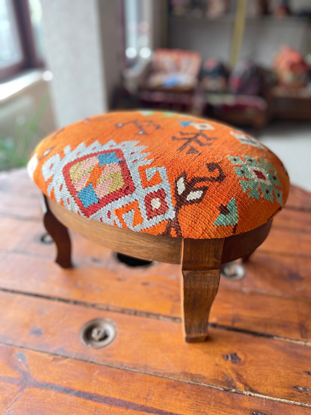 Kilim Oval Ottoman Stool, Kilim Pouf, Kilim Foot Rest, Beech Wood Stool ...