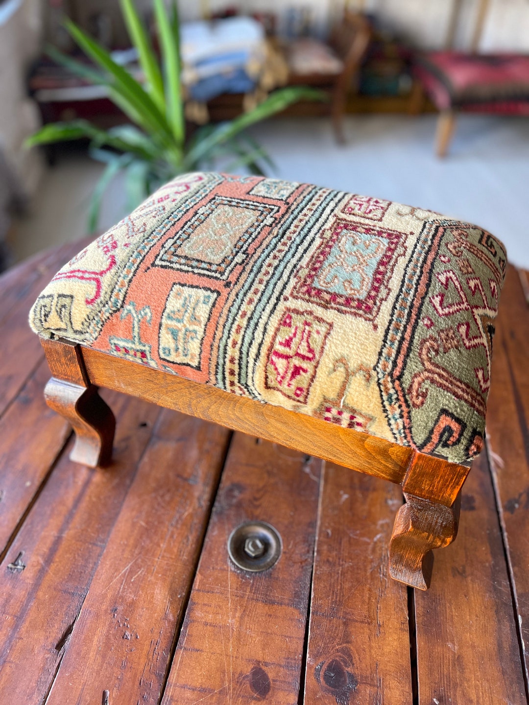 Vintage Rug Ottoman Stool, Vintage Rug Foot Rest, Beech Wood Stool ...