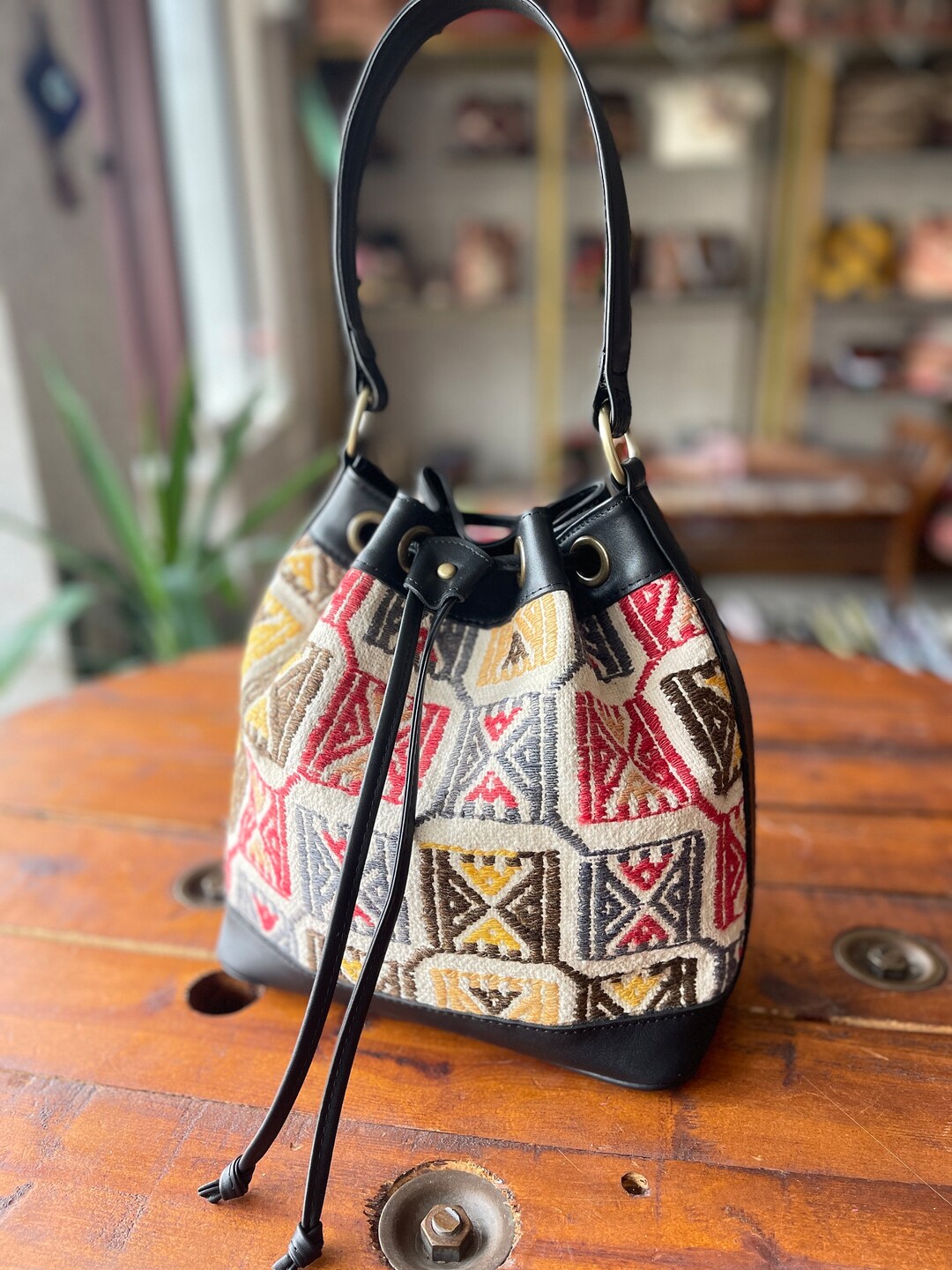 Kilim Bucket Bag, Leather Bag, Kilim Bags, Crossbody Bag, Vintage Kilim ...