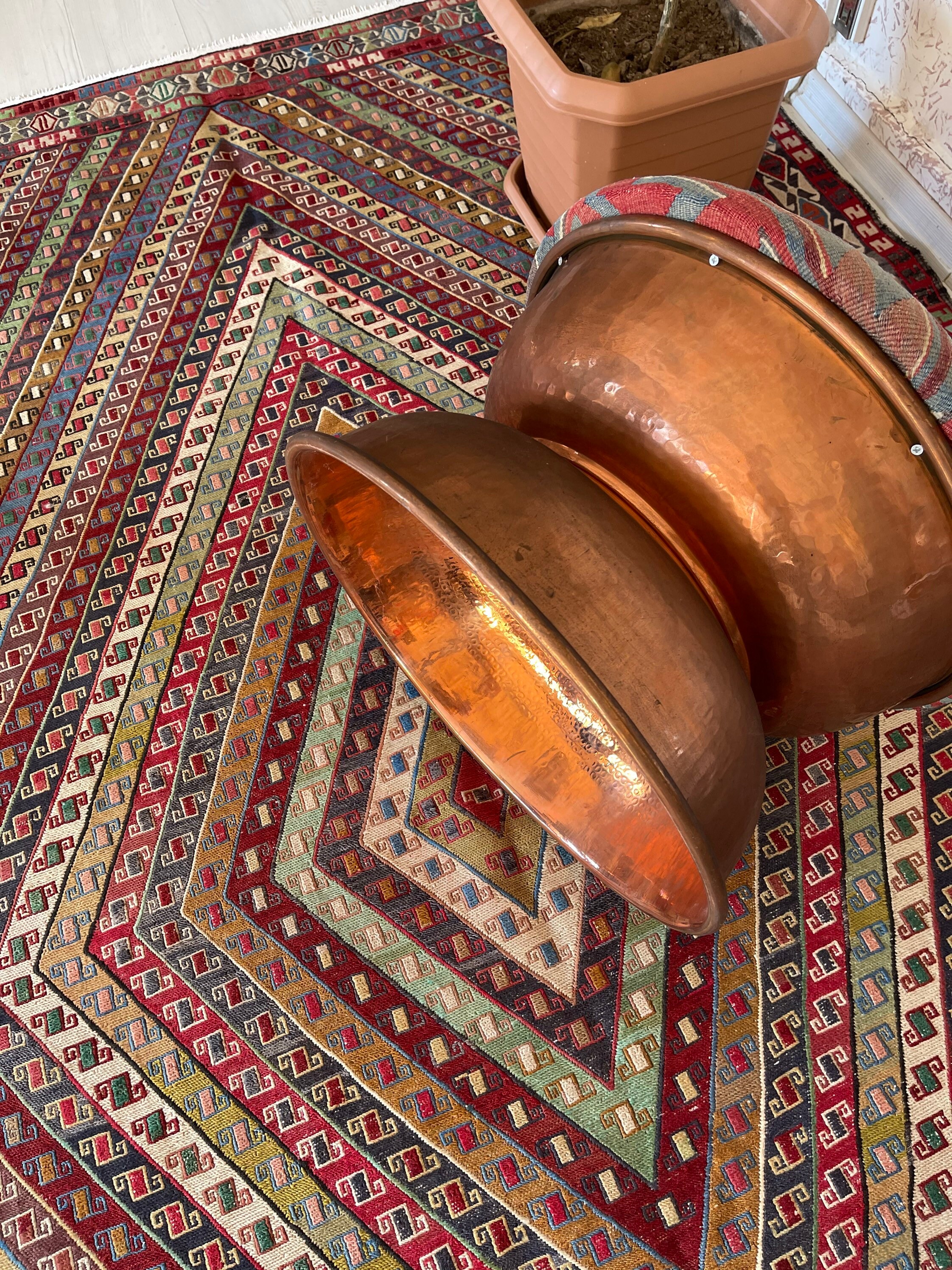 Kilim With Antique Copper Ottoman Stool /ottoman Stool/beech | Etsy
