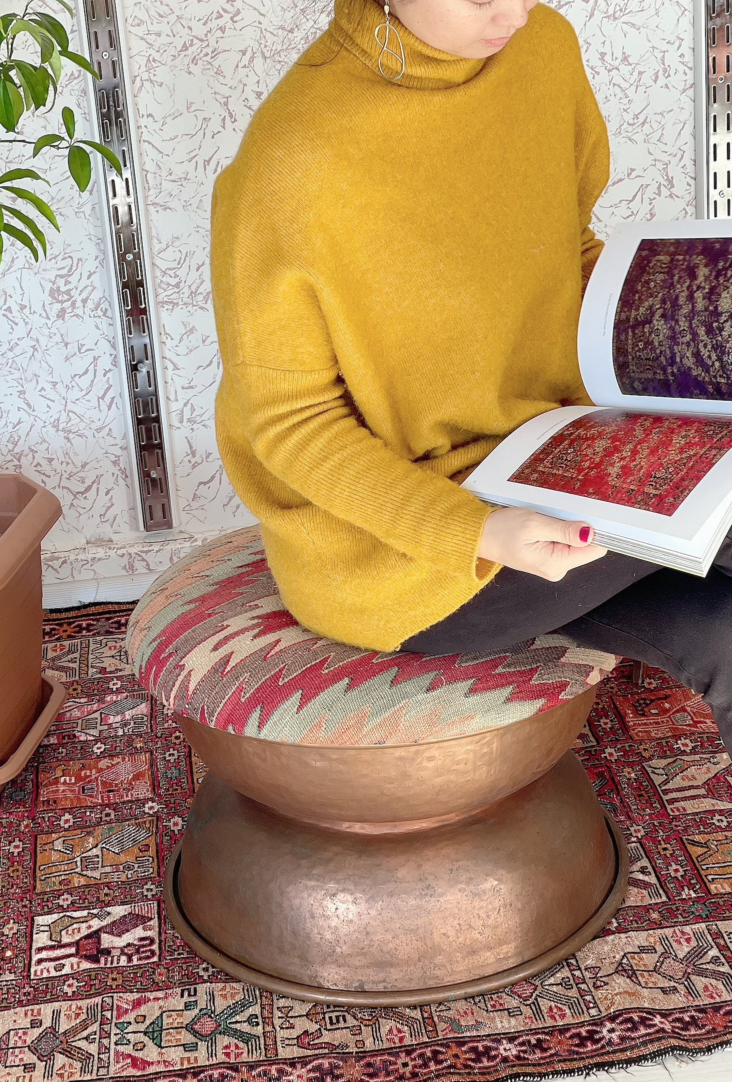 Kilim With Antique Copper Ottoman Stool /ottoman Stool/beech | Etsy