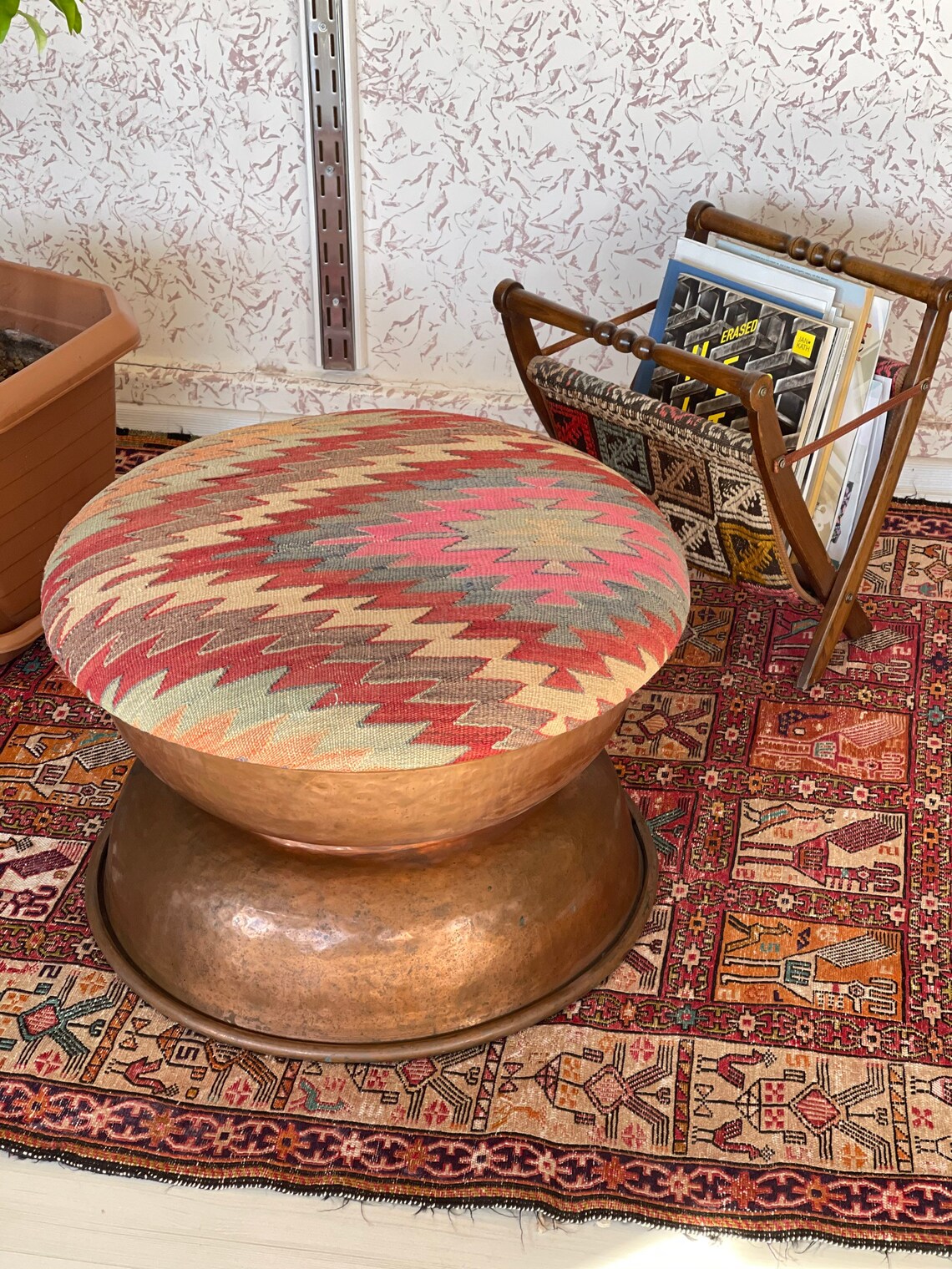 Kilim With Antique Copper Ottoman Stool /ottoman Stool/beech | Etsy