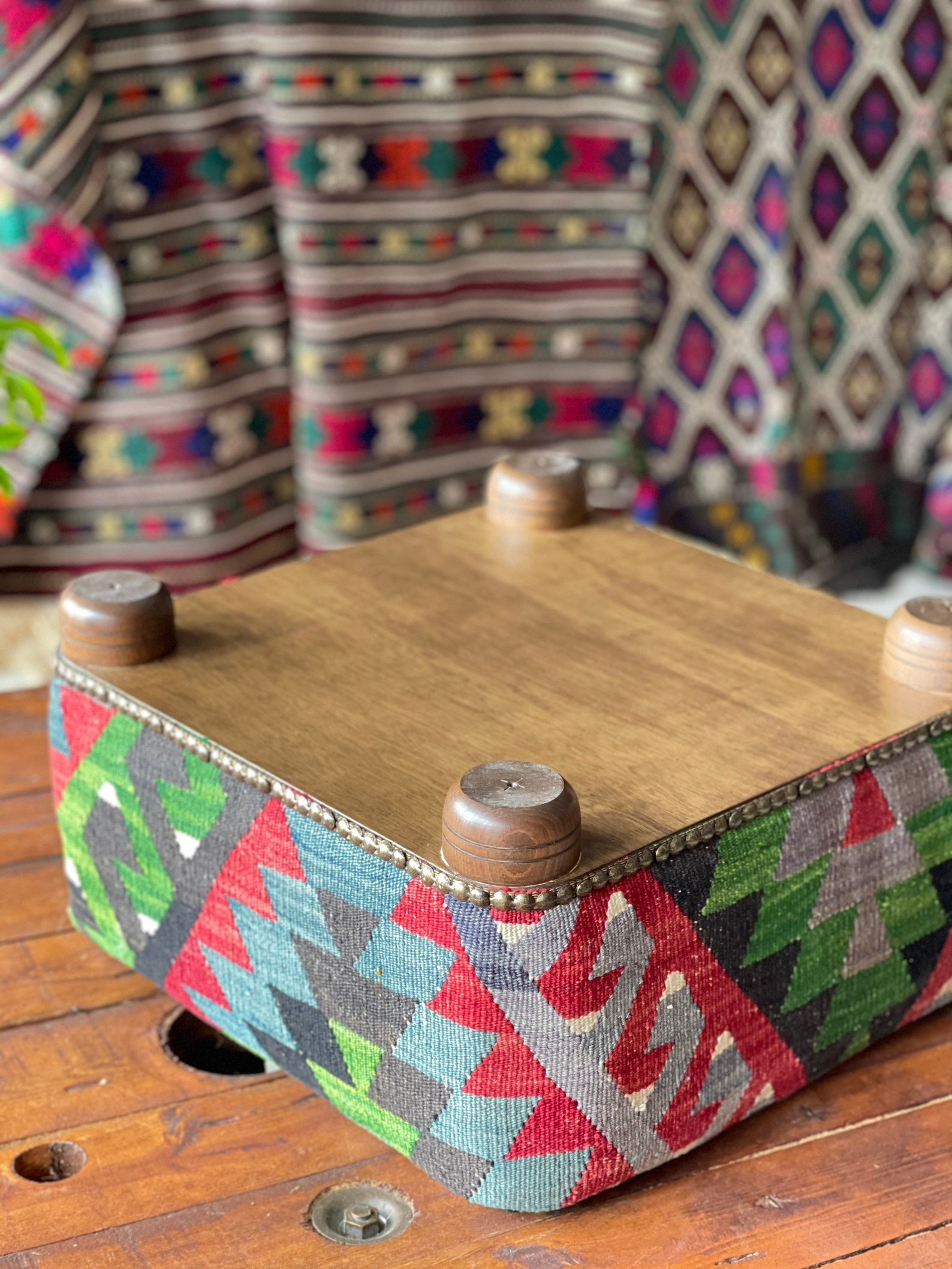 Vintage Kilim Ottoman Stool, Small Boho Footstool, Turkish Handmade ...