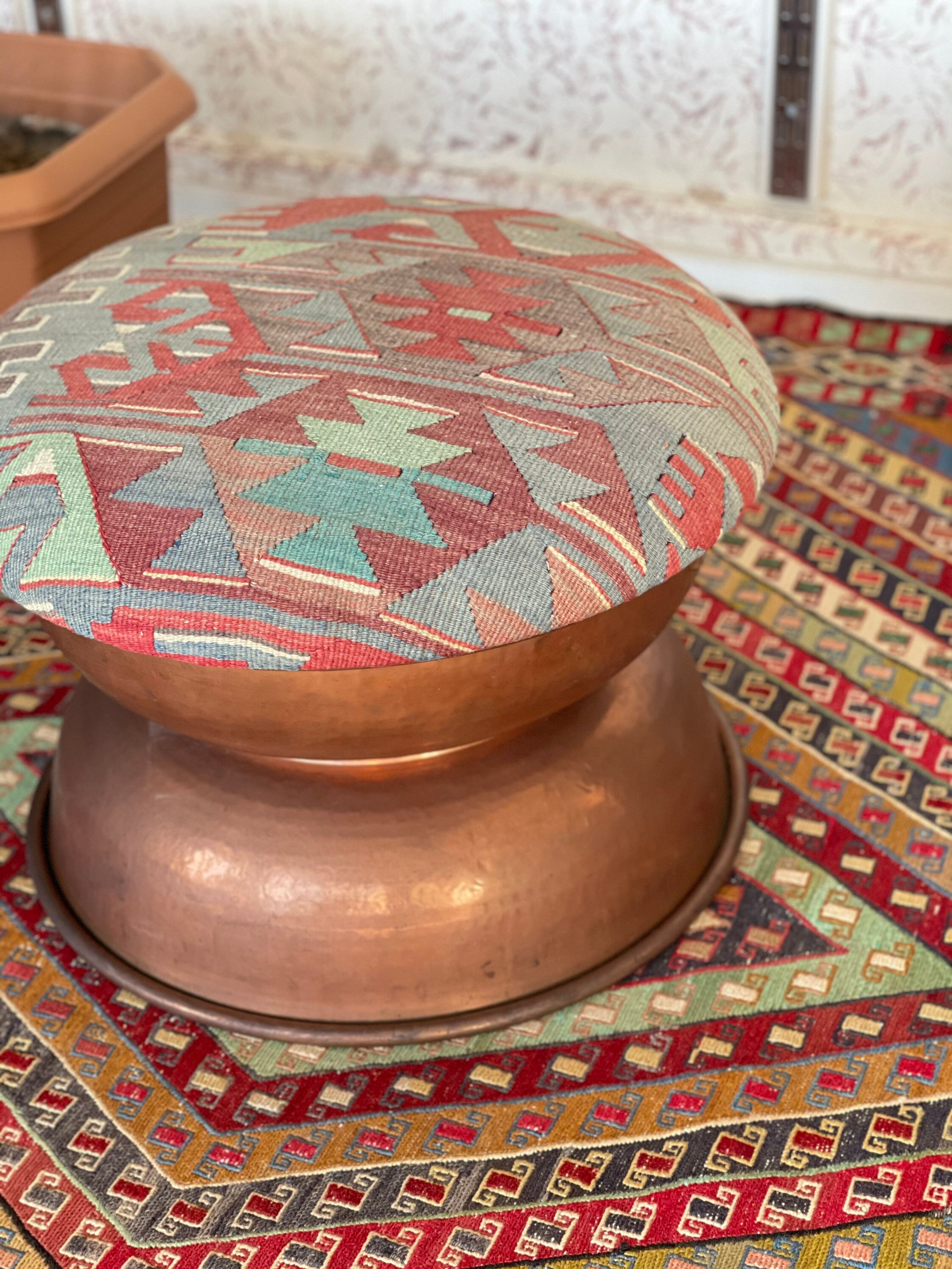 Kilim With Antique Copper Ottoman Stool /ottoman Stool/beech | Etsy