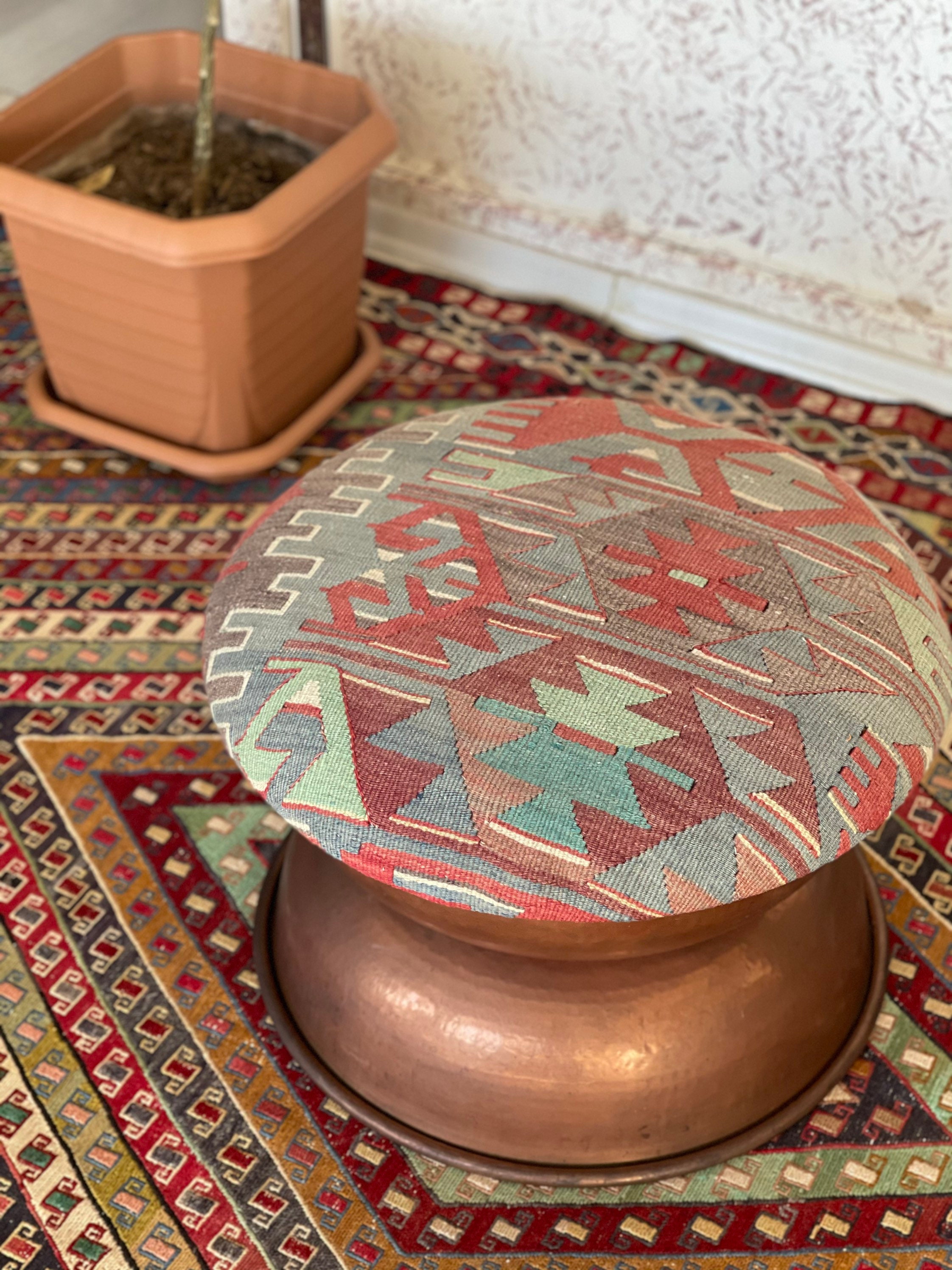 Kilim With Antique Copper Ottoman Stool /ottoman Stool/beech | Etsy