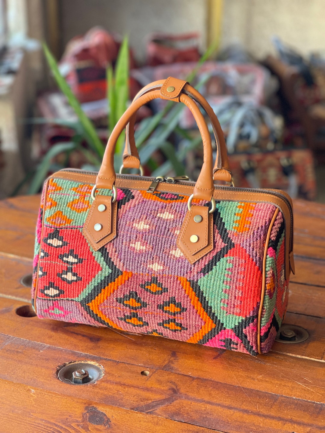 Kilim Boston Bag, Vintage Kilim and Genuine Leather, Kilim Bags, Kilim ...