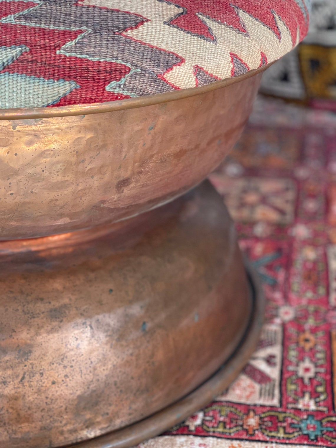 Kilim With Antique Copper Ottoman Stool /ottoman Stool/beech - Etsy