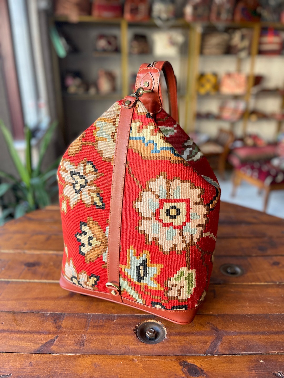 Large Kilim Backpack, Kilim Bag, Vintage Kilim and Genuine Leather ...