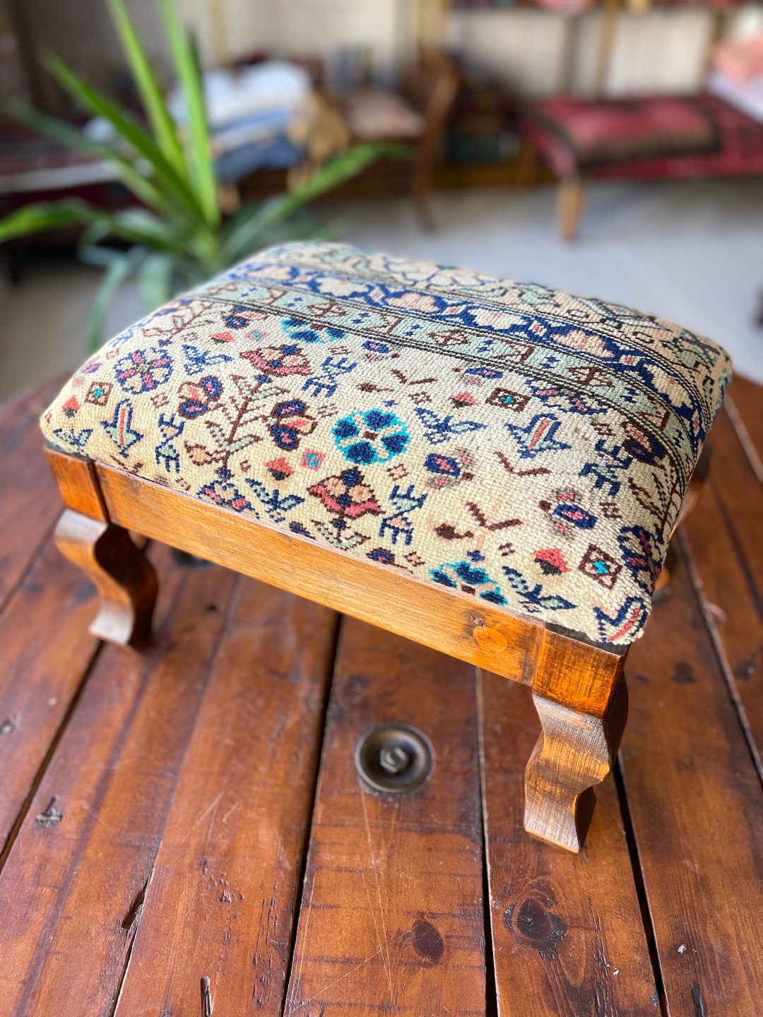 Vintage Rug Ottoman Stool, Vintage Rug Foot Rest, Beech Wood Stool ...