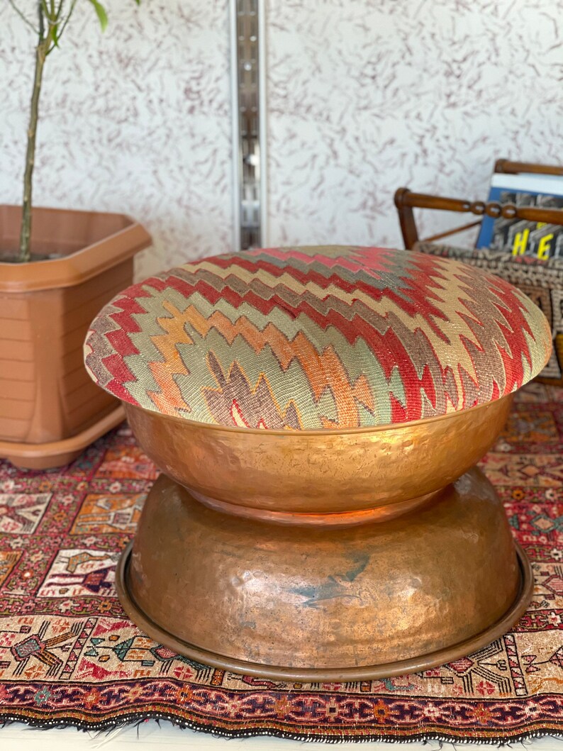 Kilim With Antique Copper Ottoman Stool /ottoman Stool/beech | Etsy