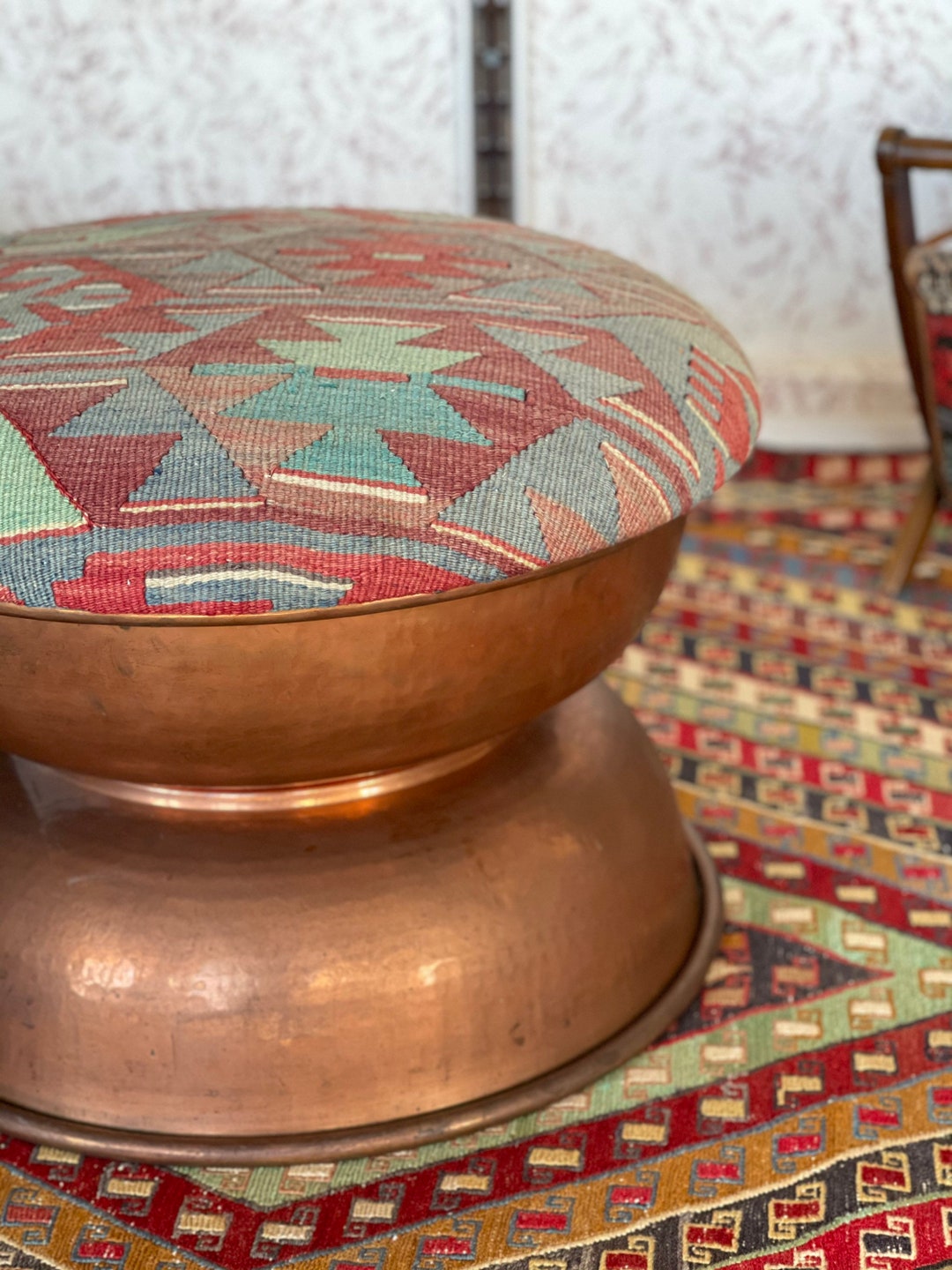 Kilim With Antique Copper Ottoman Stool /ottoman Stool/beech Wood Stool ...