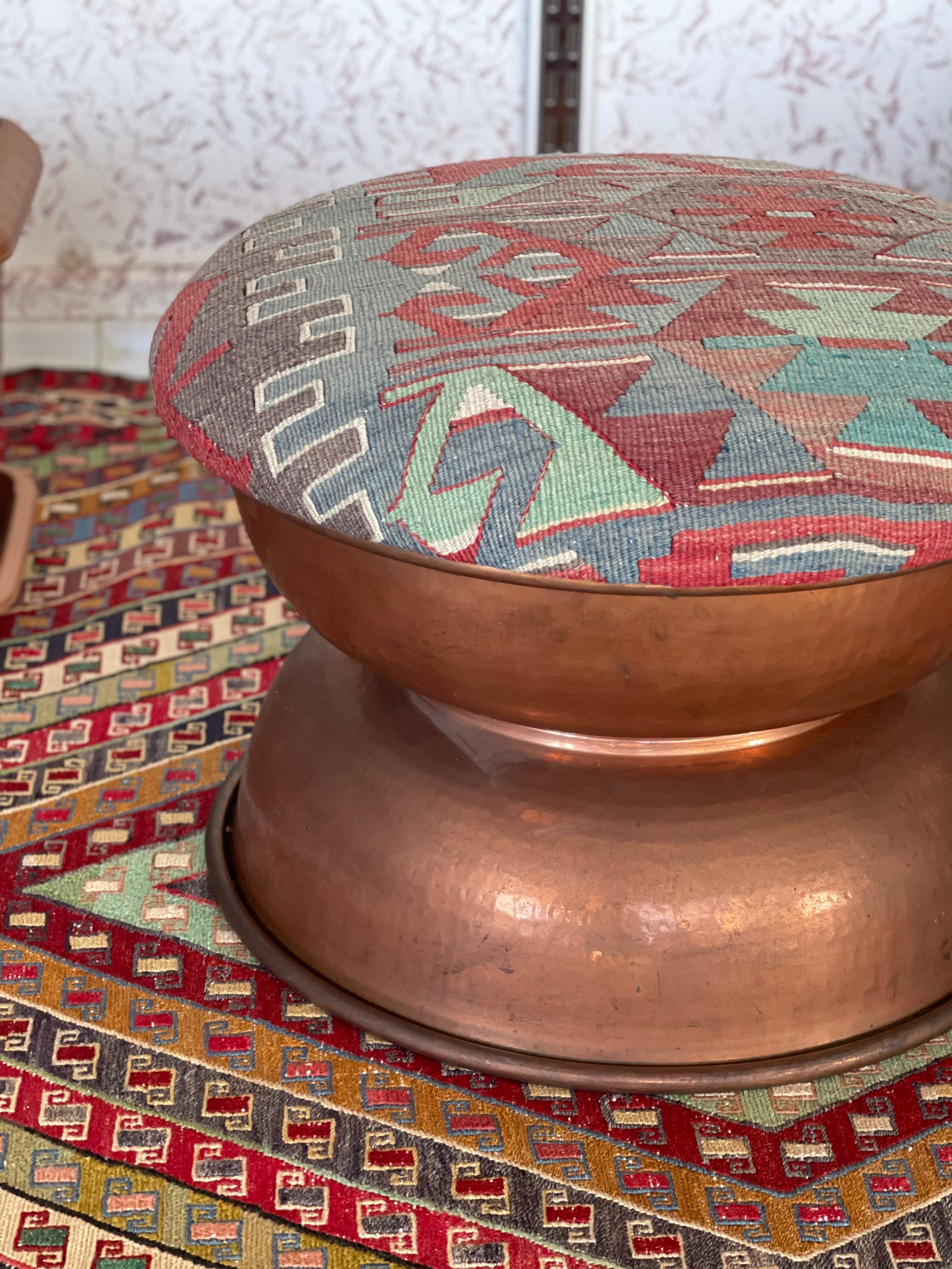 Kilim With Antique Copper Ottoman Stool /ottoman Stool/beech | Etsy