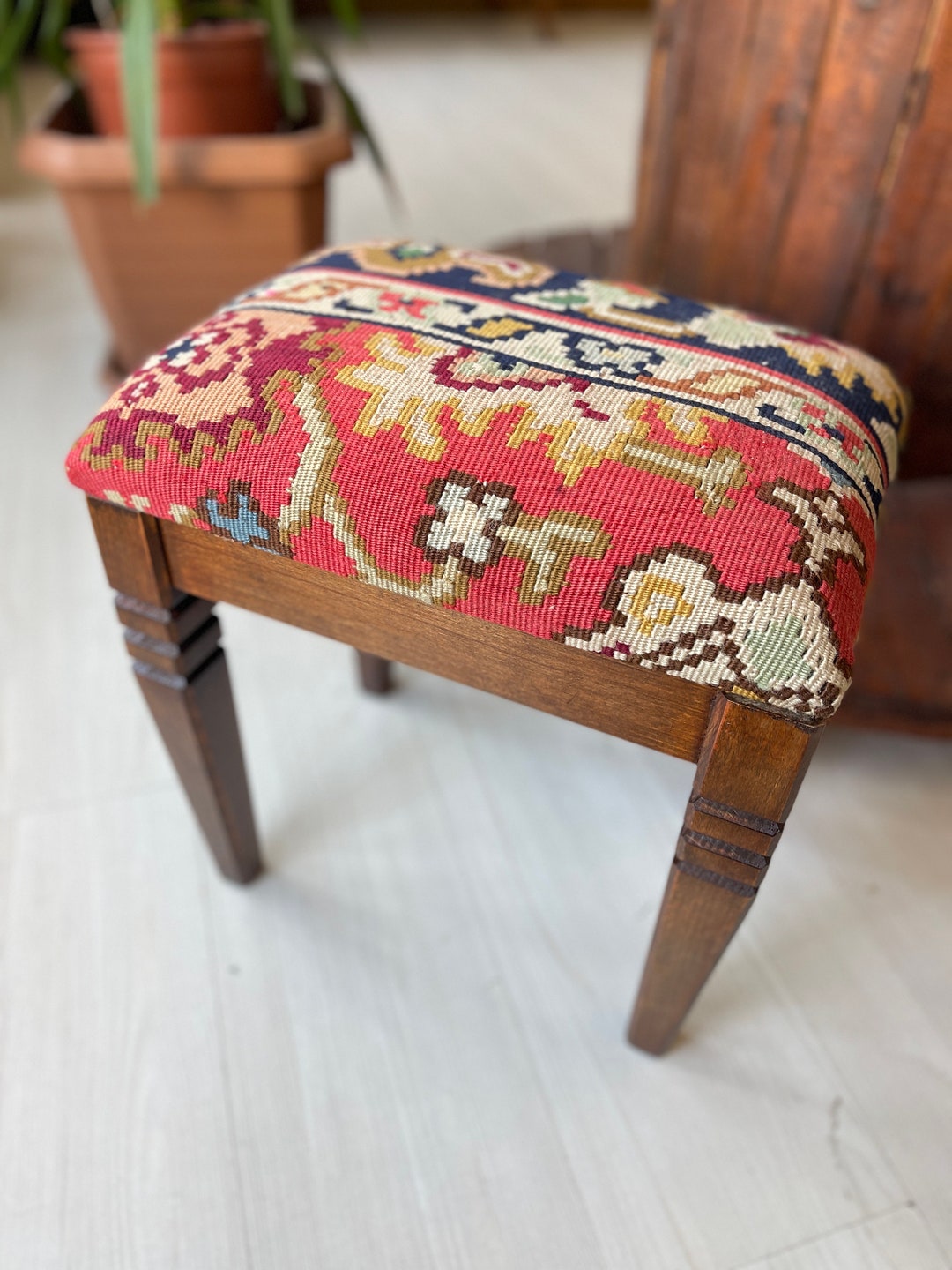 Kilim Ottoman Stool, Kilim Foot Rest, Beech Wood Stool, Vintage ...