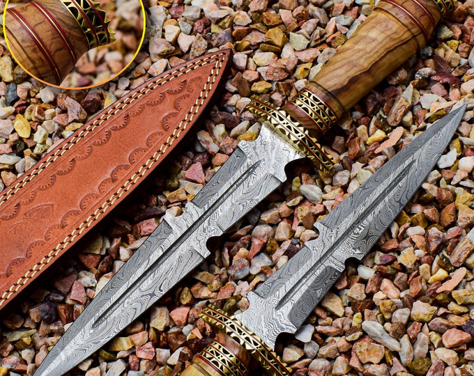 STAGHORN USA Custom Made Damascus Steel 13 Inch Dagger Olive Wood ...