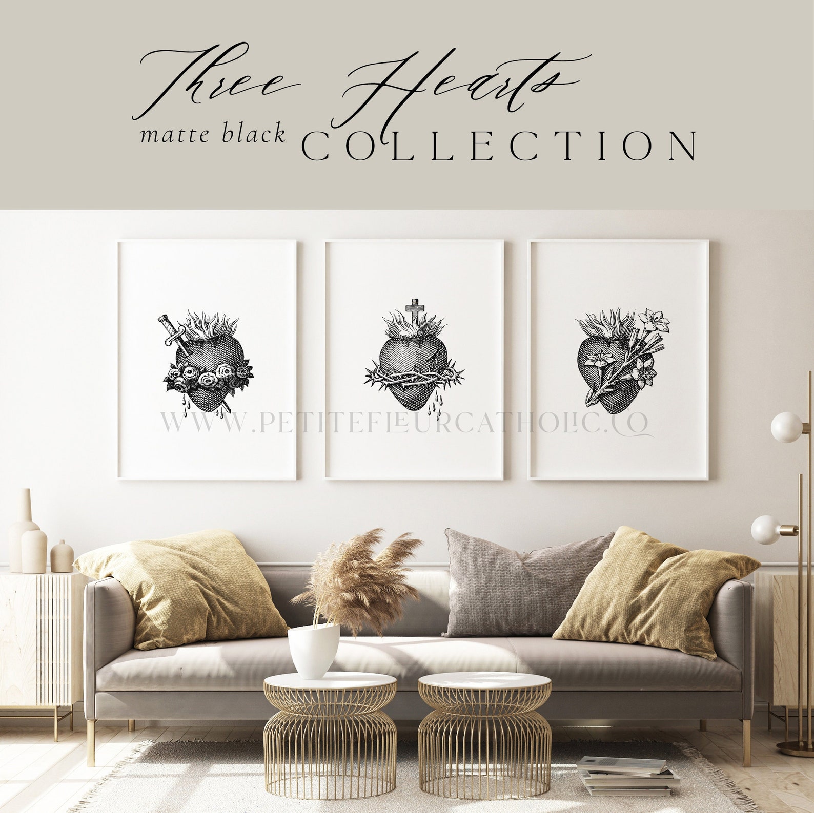 Black Three Hearts Printable Wall Art Collection Catholic - Etsy