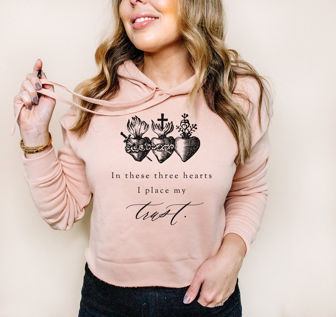 Three Hearts Catholic Women's Crop Hoodie - JMJ - Jesus Mary Joseph ...