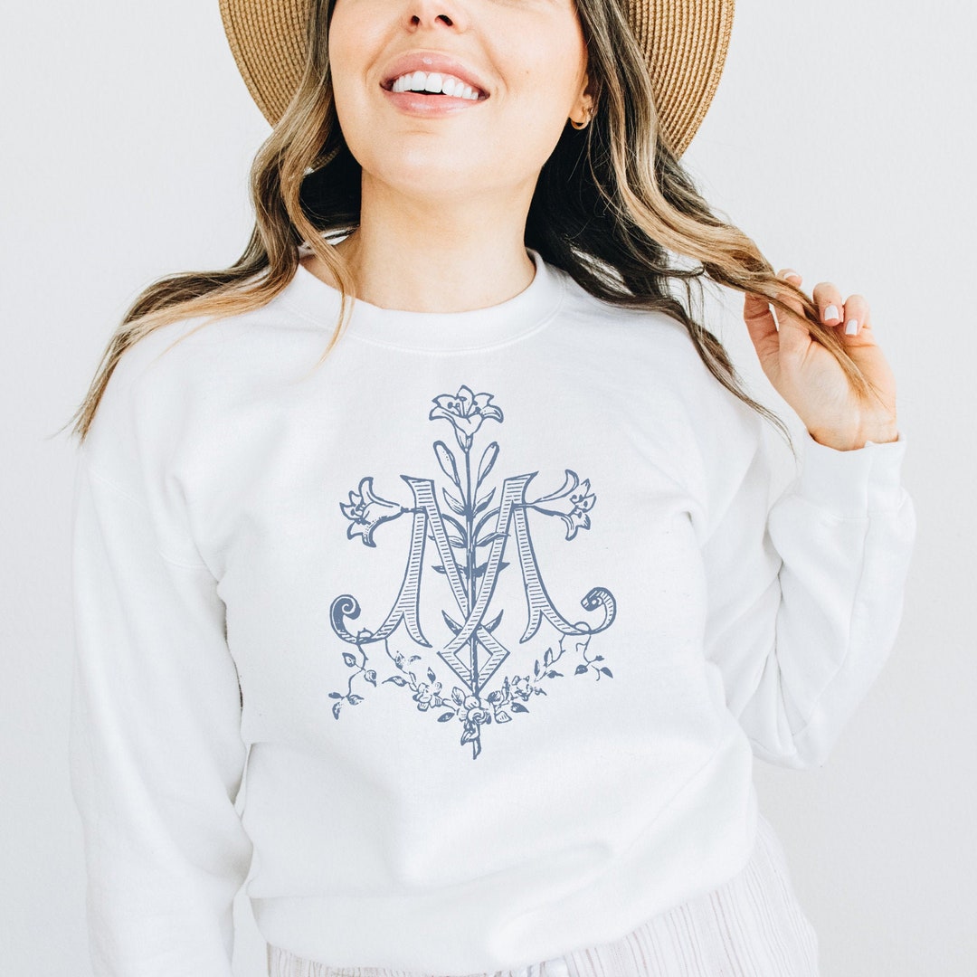 Floral Auspice Maria Catholic Women's Sweatshirt - Marian Devotion ...