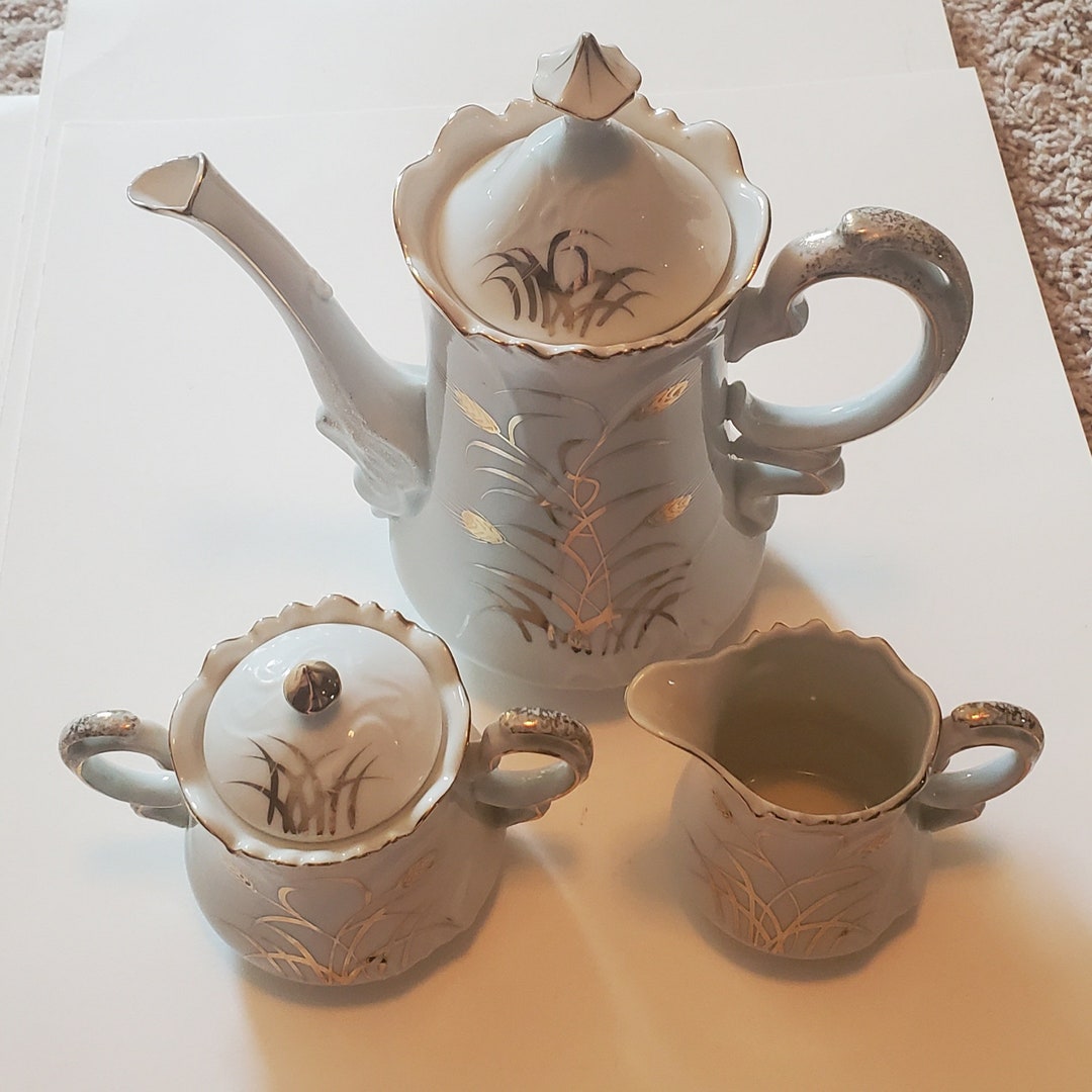 Vintage Lefton China Tea Set, White With Golden Wheat Pattern - Teapot ...