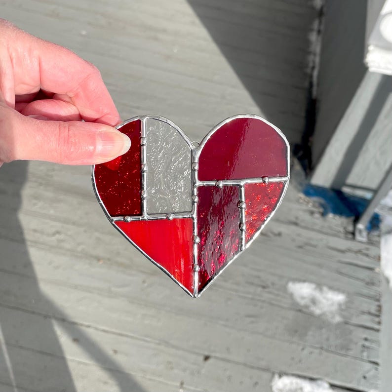 Red Stained Glass Heart Suncatcher - Patchwork Style, Handmade - Etsy