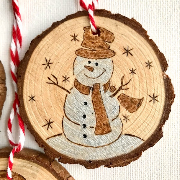 A Set of Four Snowmen Hand Burned on Natural Wood Slice Hanging ...