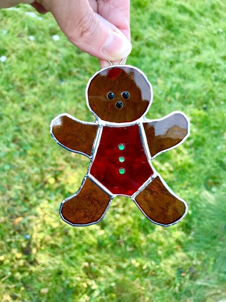 Stained Glass Gingerbread Man in Red Outfit Suncatcher / Christmas ...