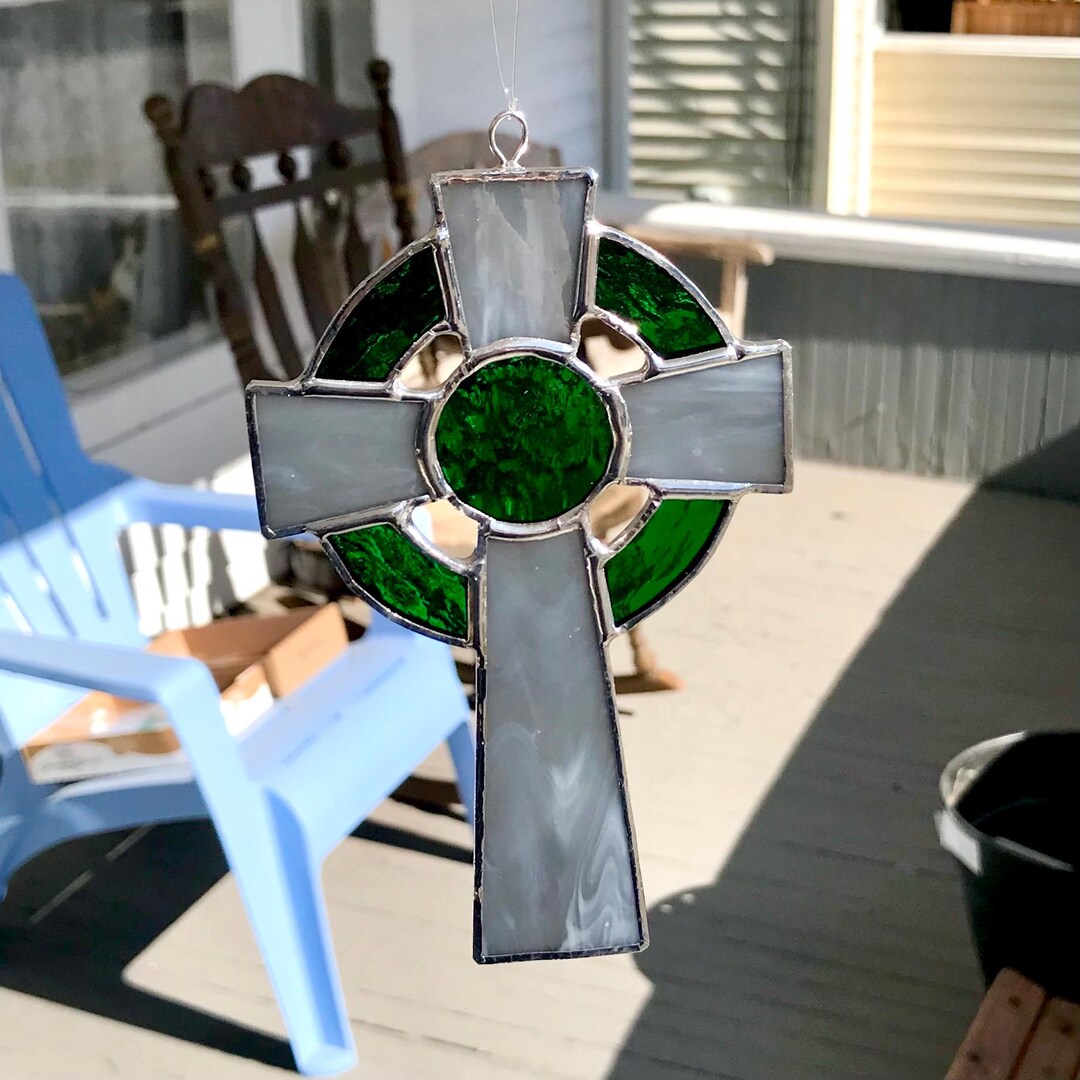 Stained Glass Celtic Cross in Gray & Green Textured Glass - Stained ...