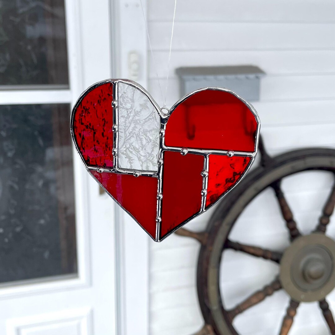 Red Stained Glass Heart Suncatcher - Patchwork Style, Handmade - Etsy