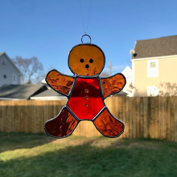 Stained Glass Gingerbread Man in Red Outfit Suncatcher / Christmas ...