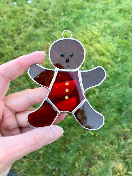 Stained Glass Gingerbread Man in Red Outfit Suncatcher / Christmas ...