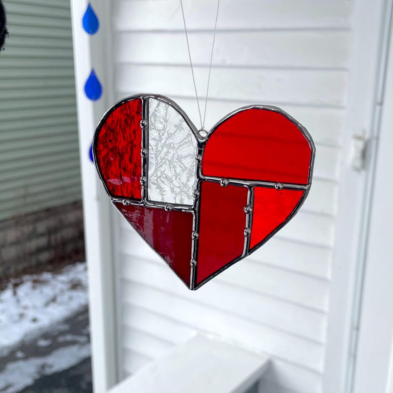 Red Stained Glass Heart Suncatcher - Patchwork Style, Handmade - Etsy