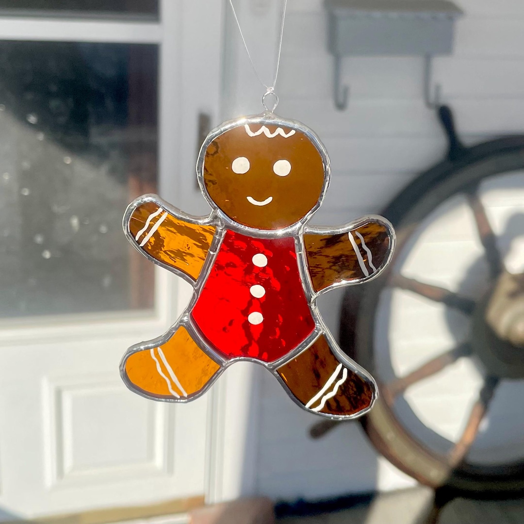 Stained Glass Gingerbread Man Suncatcher - Hand Painted Holiday ...