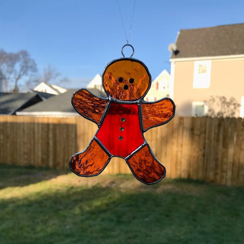 Stained Glass Gingerbread Man in Red Outfit Suncatcher / Christmas ...