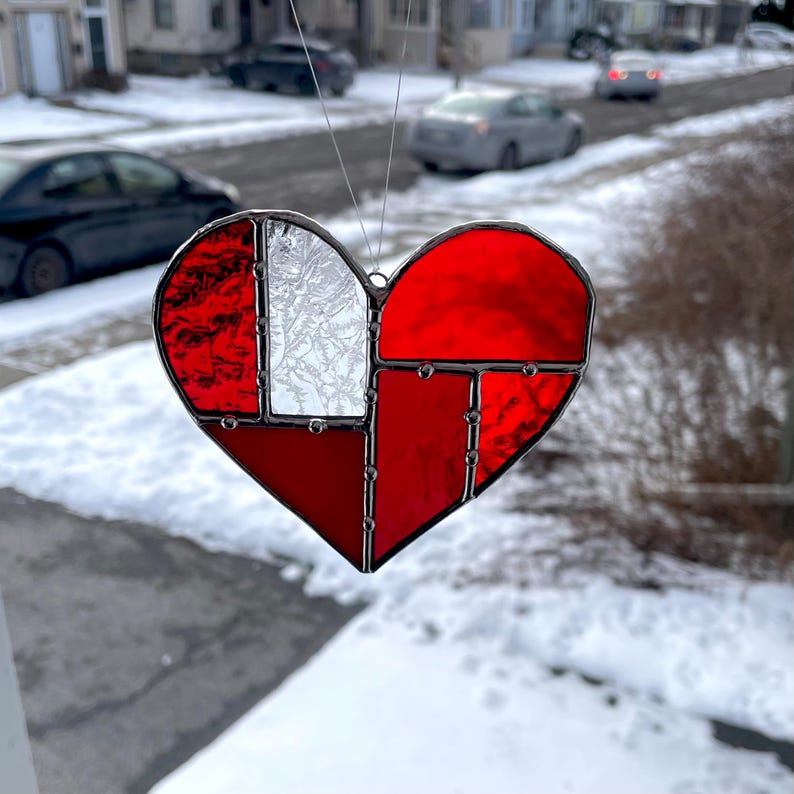 Red Stained Glass Heart Suncatcher - Patchwork Style, Handmade - Etsy