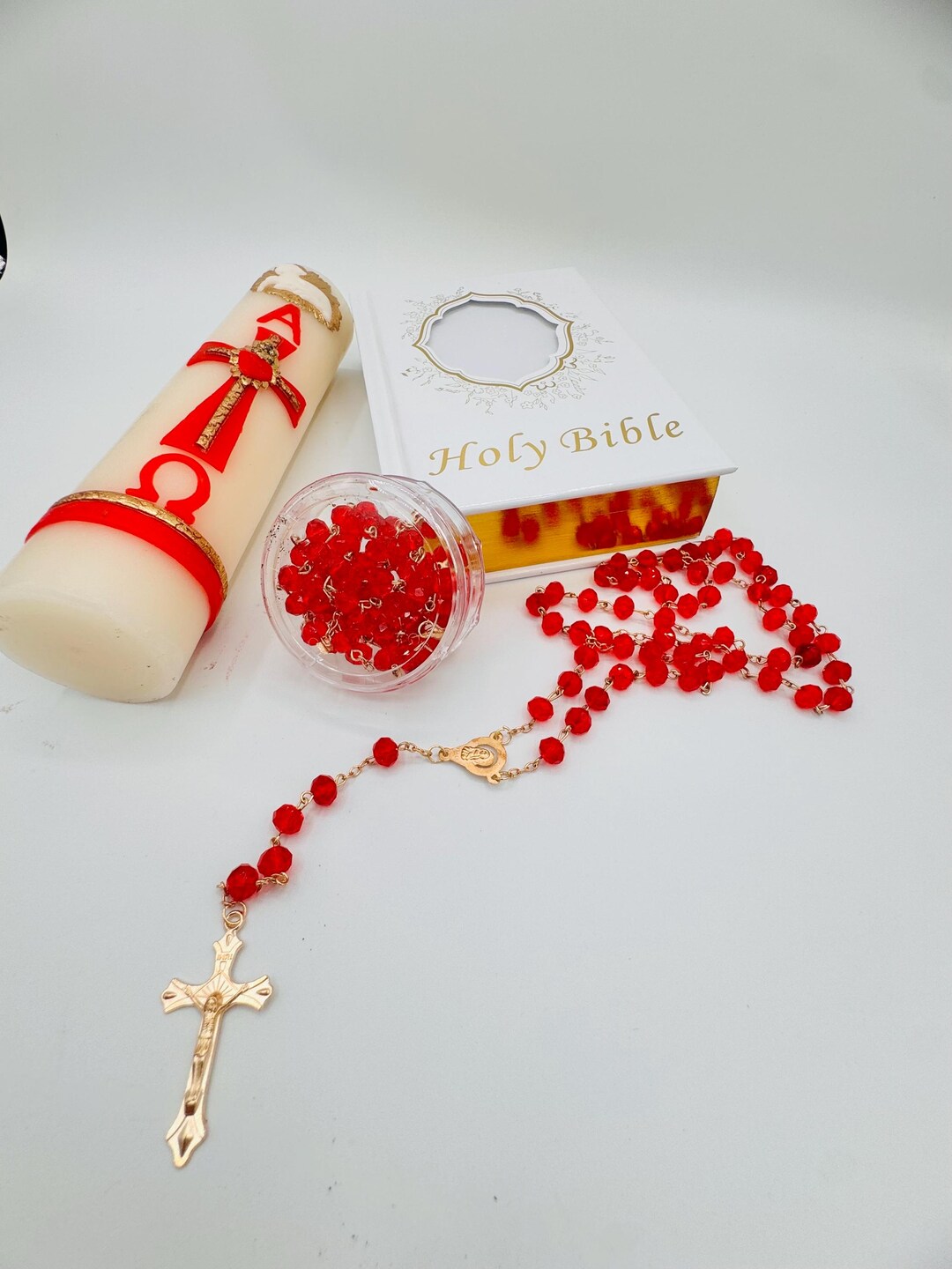 Red Confirmation Candle Set: Bible, Rosary, Prayer Book (english ...