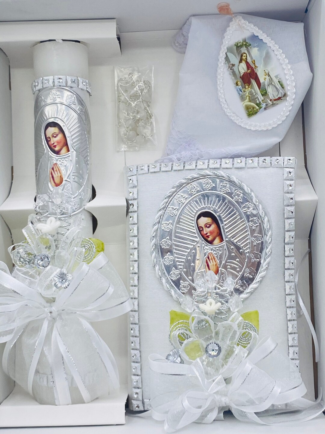 First Communion Candle Set: Rosary, Missal, Scapular, Handkerchief - Etsy