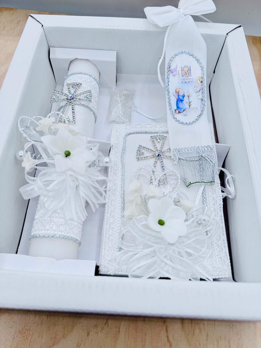 First Communion Candle Set: Rosary, Prayer Book, Arm Bow - Etsy