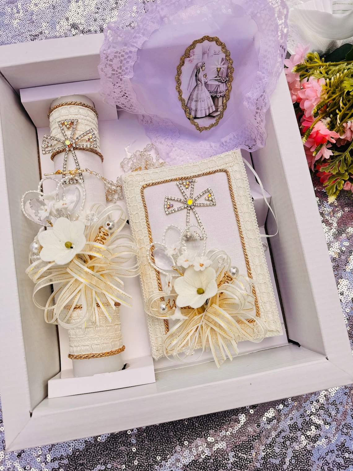 First Communion Candle Set: Rosary, Missal, Scapular, Handkerchief ...