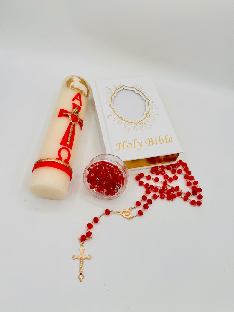 Red Confirmation Candle Set: Bible, Rosary, Prayer Book (english ...