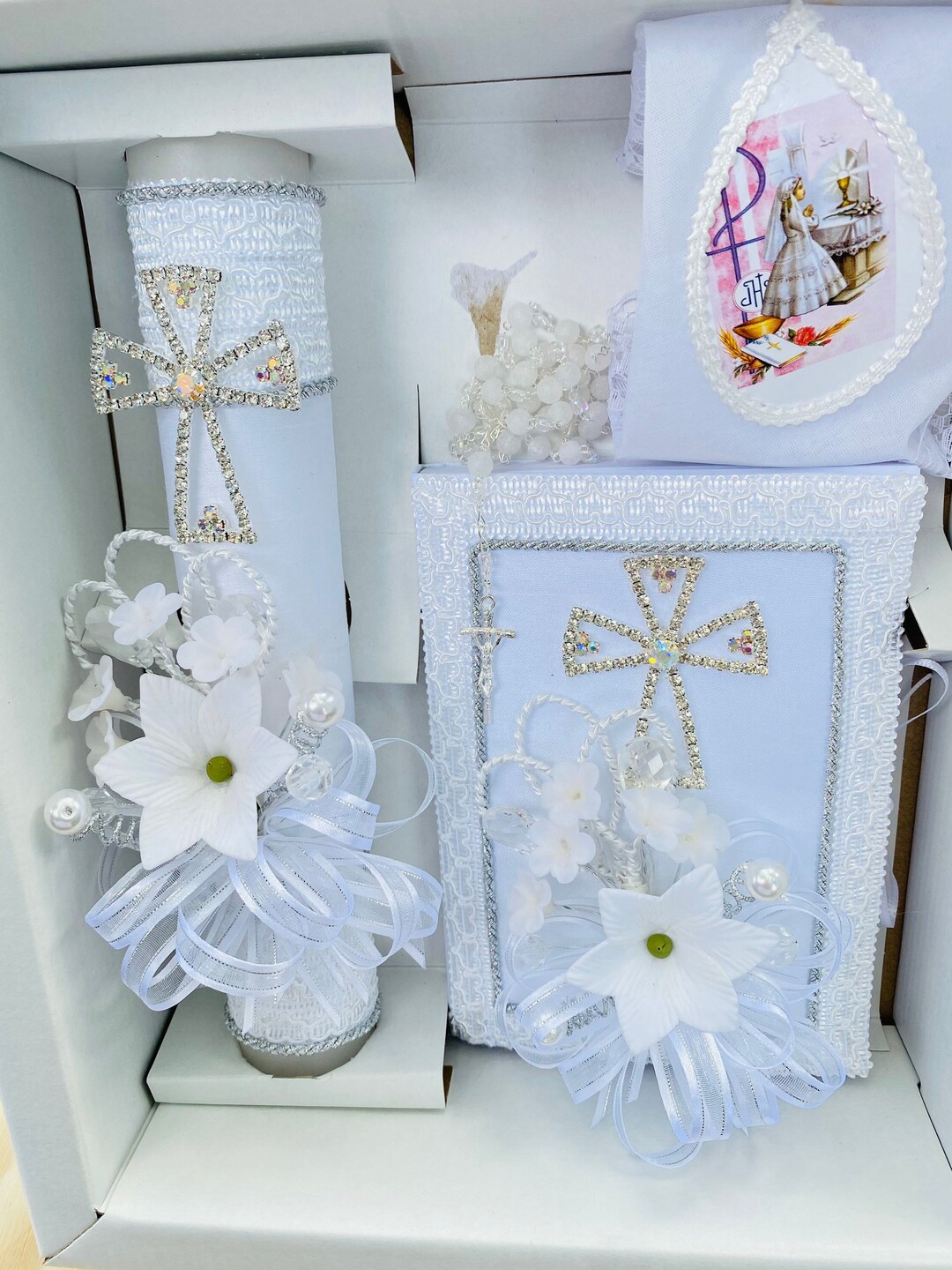 First Communion Candle Set: Prayer Book, Rosary & Handkerchief - Etsy