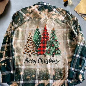 Merry Christmas Trees Shirt Bleached Flannel Shirt With Festive Plaid ...