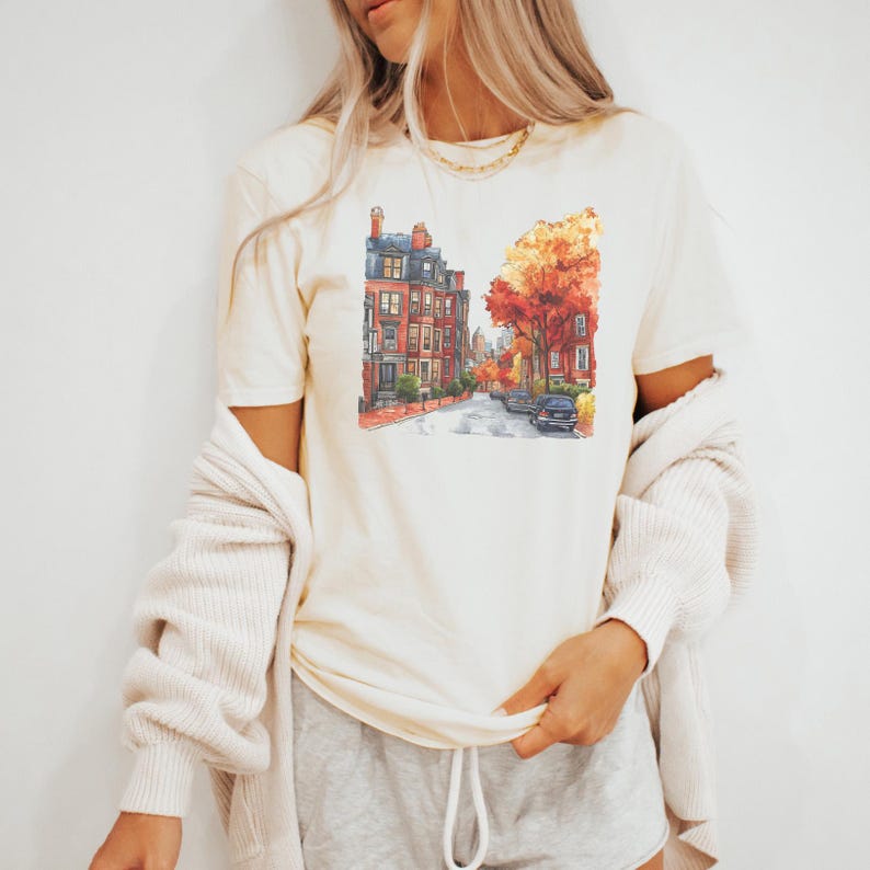 Fall City Street Scene Graphic Tee Autumn Urban Townhouses and Colorful ...