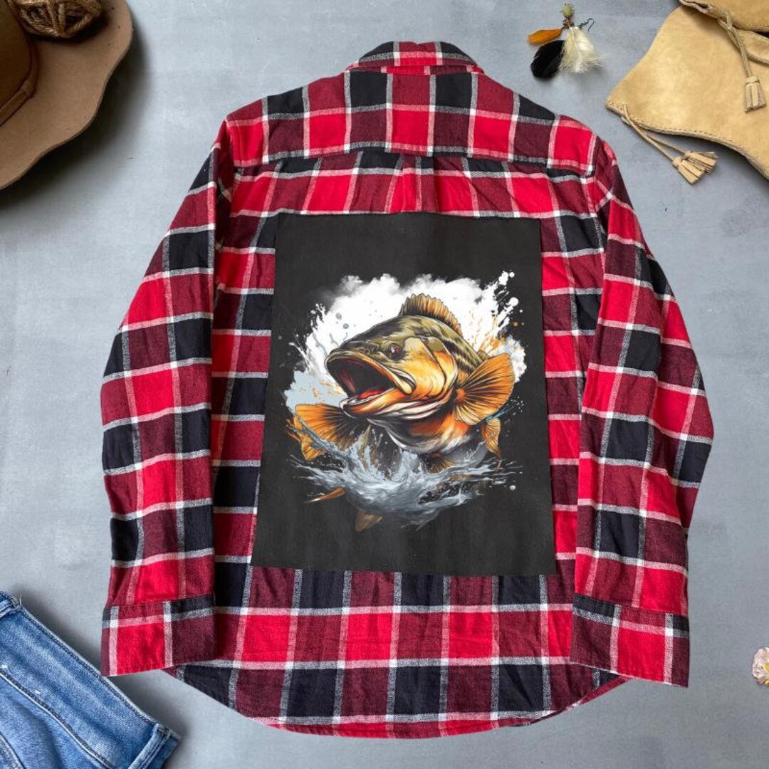 Bass Fish Graphic Flannel Shirt Upcycled Plaid Shirt Unique Patch ...