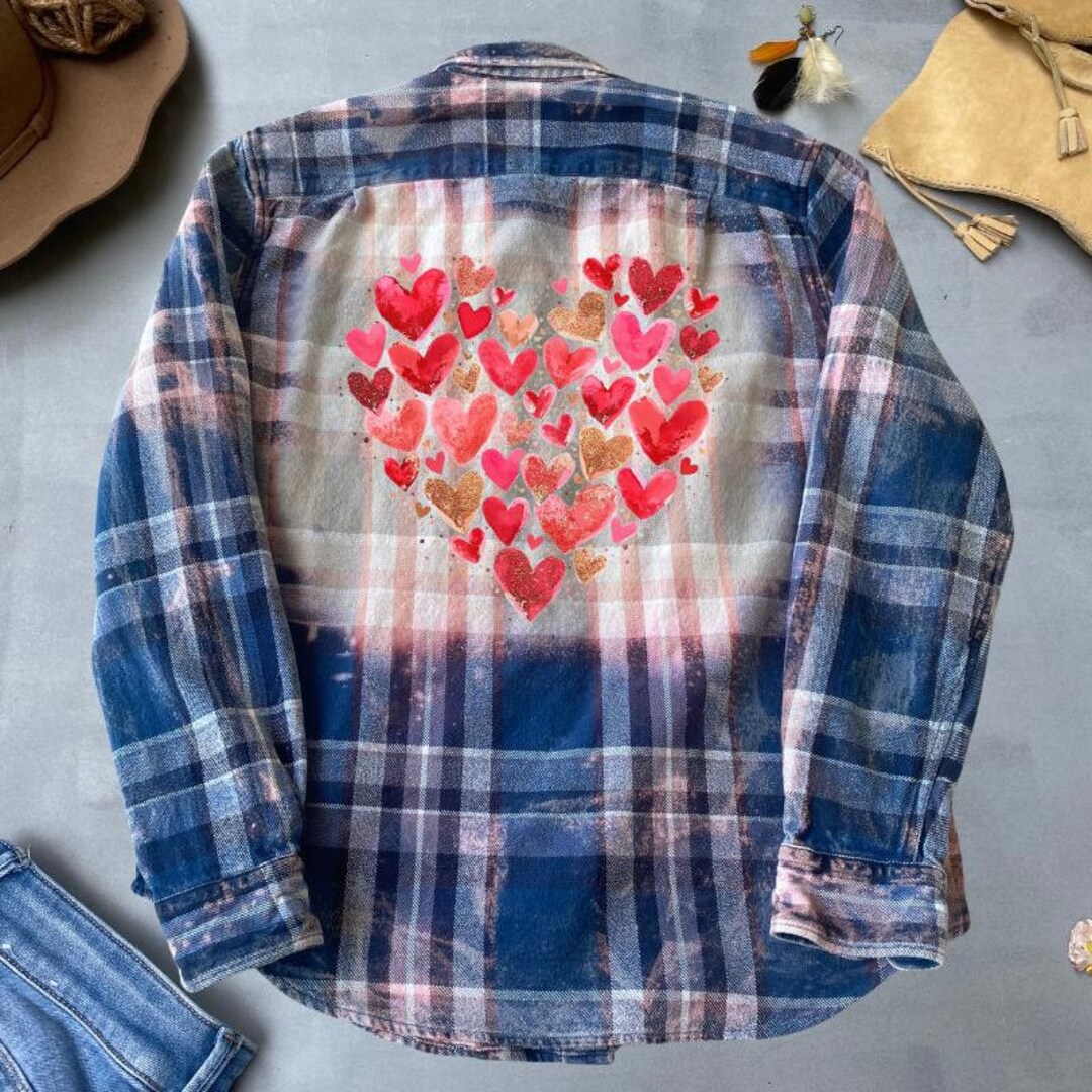 Bleached Flannel Shirt Love Heart Graphic on Back Upcycled Flannel ...