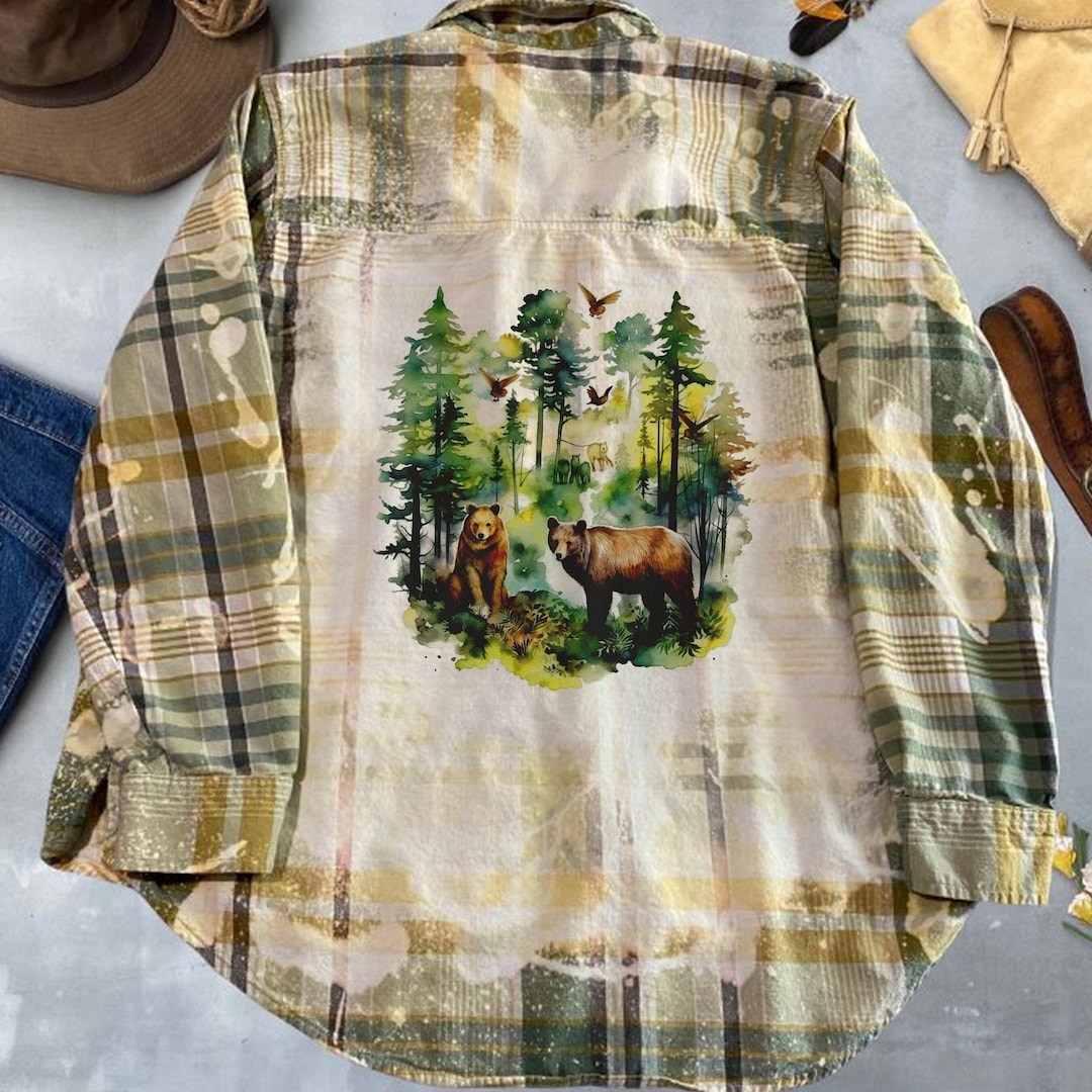 Beautiful Bears in Forest Graphic on Bleached Flannel Cottagecore ...
