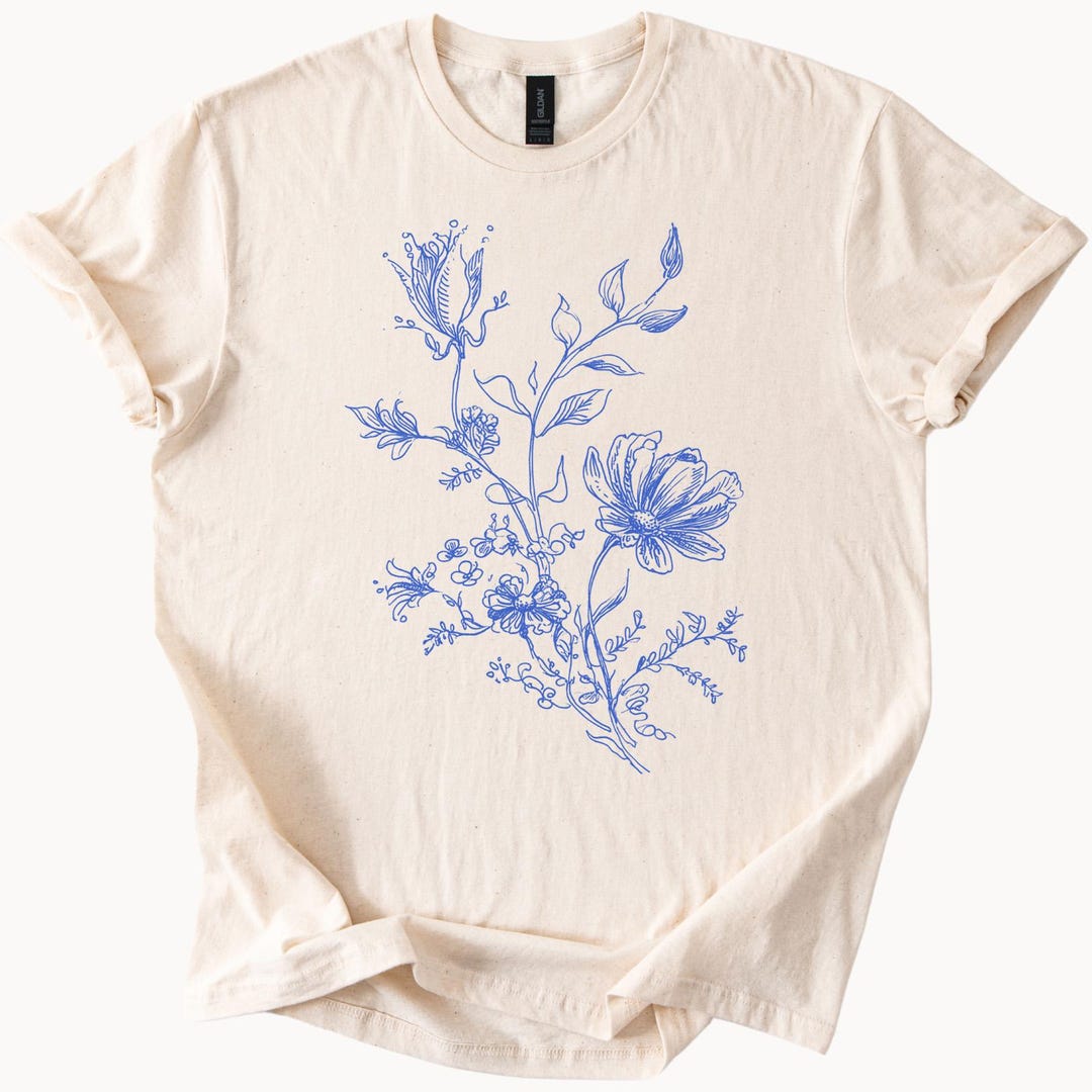 Botanical Floral Line Art Shirt Blue Flower Illustration Nature Graphic ...
