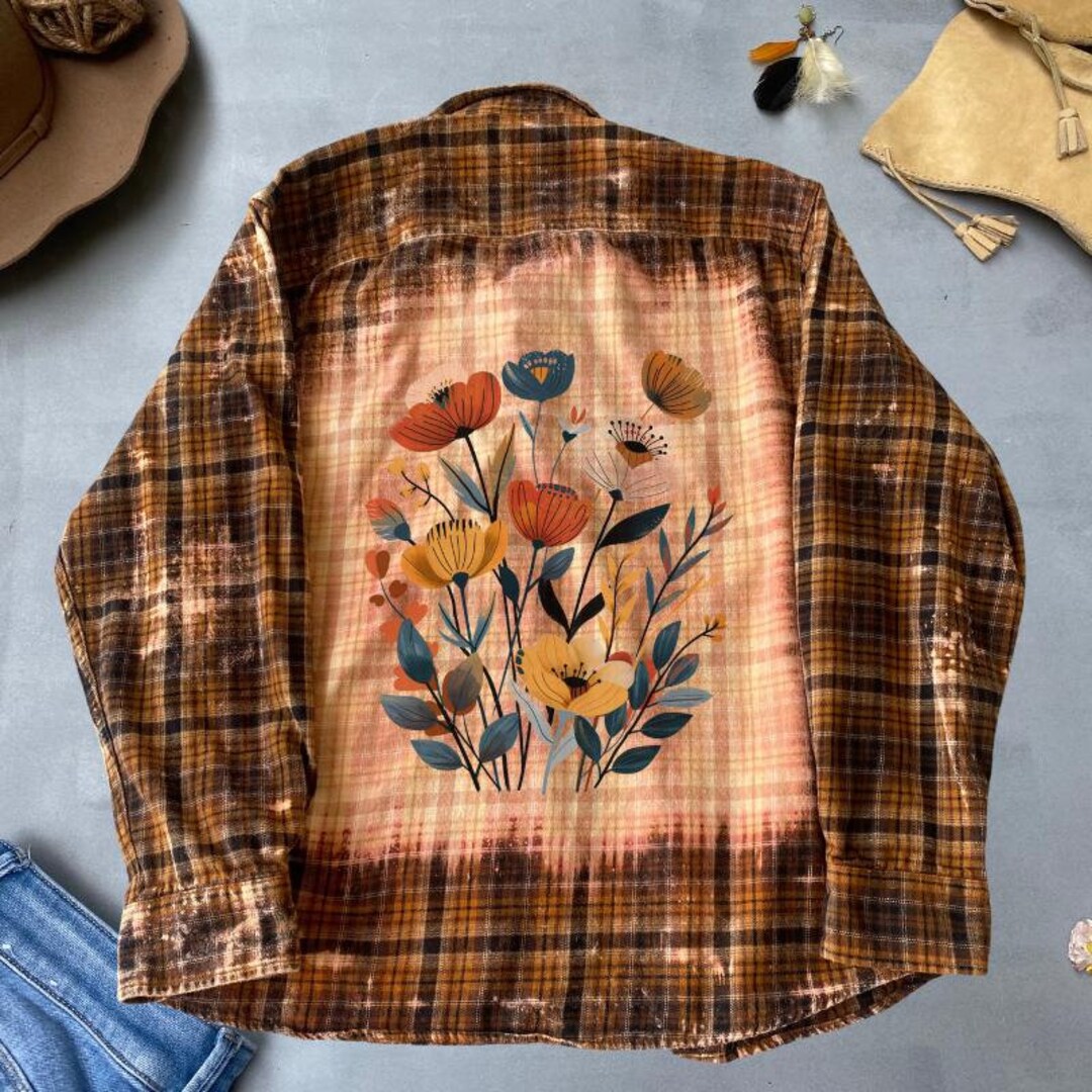 Fall Floral Bleached Flannel Shirt Rustic Botanical Graphic Plaid Top ...
