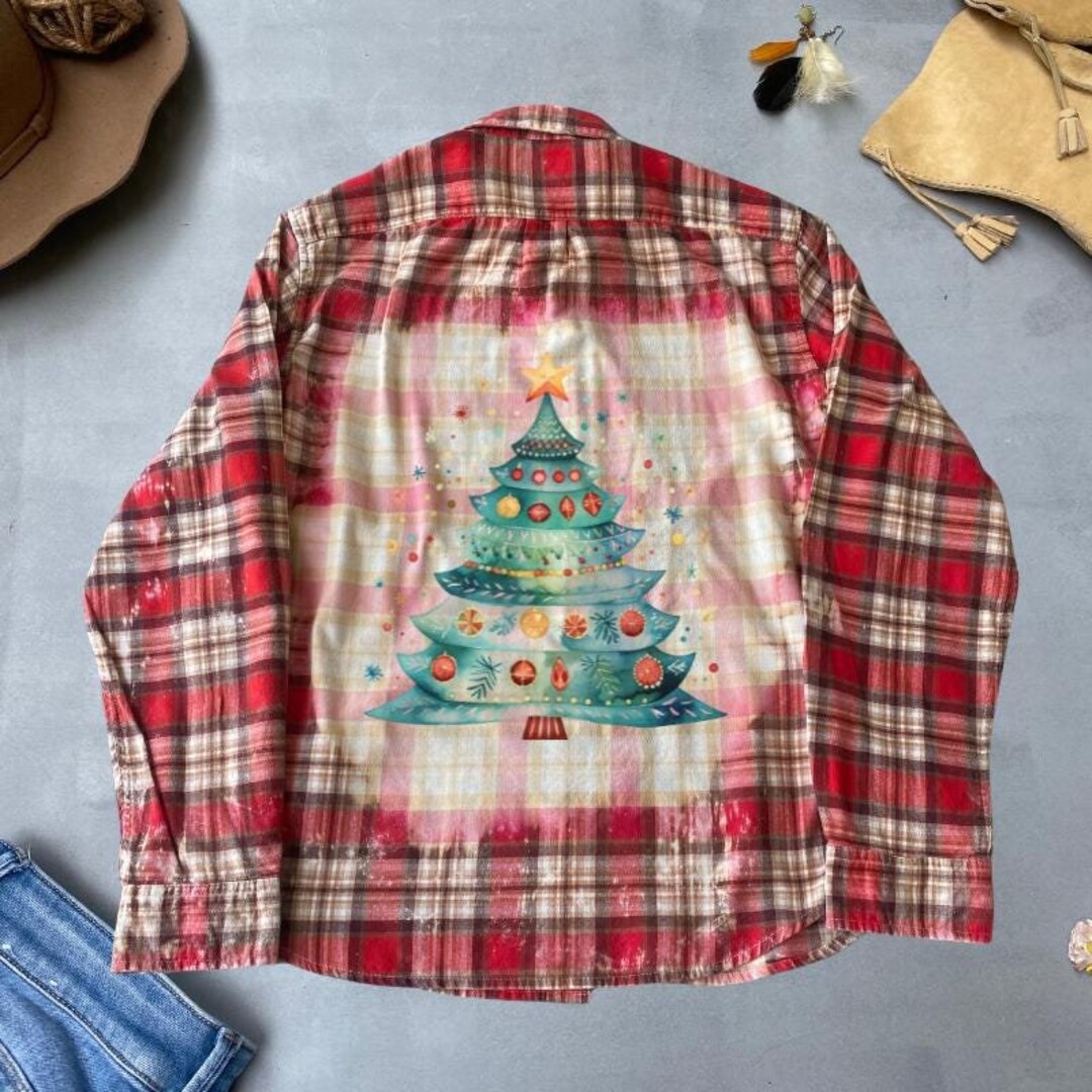 Festive Christmas Tree Bleached Flannel Shirt Holiday Plaid Top With ...