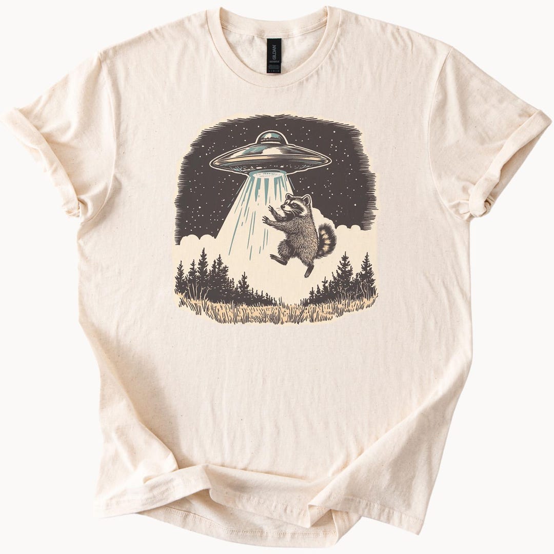 Funny Alien Abduction Raccoon T Shirt UFO Spaceship Beam Tee Sci Fi ...