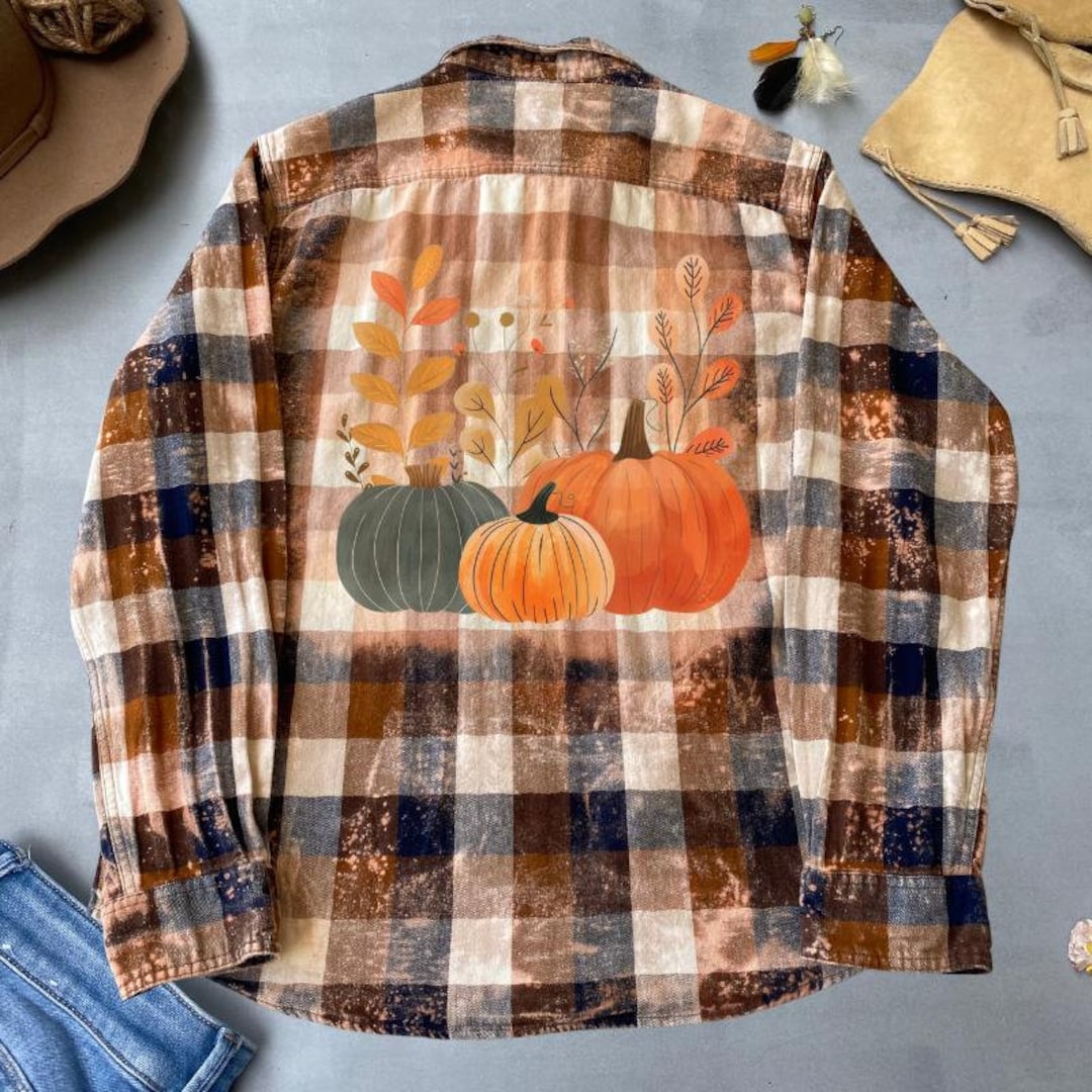 Pumpkin Patch Bleached Flannel Shirt Rustic Fall Harvest Graphic Plaid ...