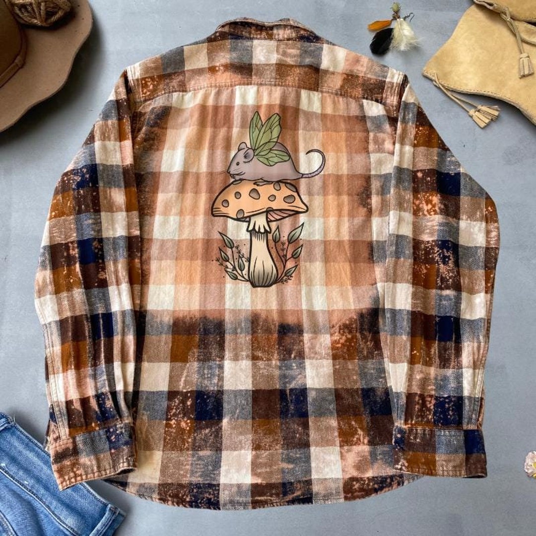 Bleached Flannel Shirt With Mouse Mushroom Design, Custom Made Upcycled ...